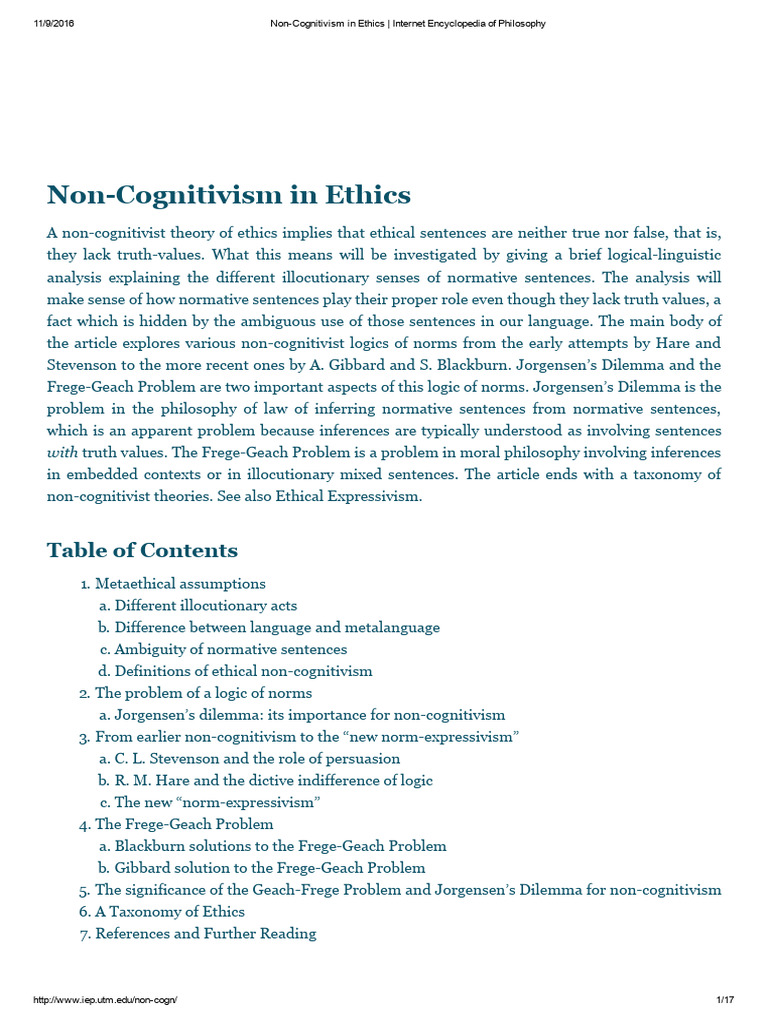 Non-Cognitivism in Ethics - Internet Encyclopedia of Philosophy | PDF | Logic | Rationality