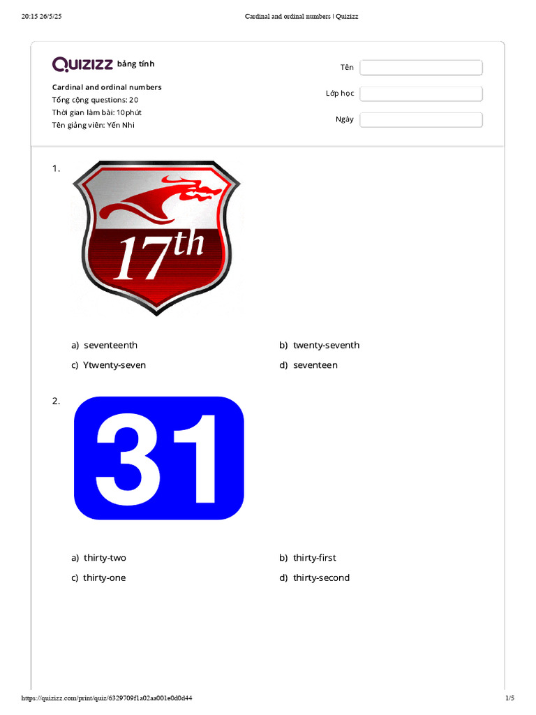 Ordinal Numbers Quiz Worksheet | PDF | Chess Theory | Chess