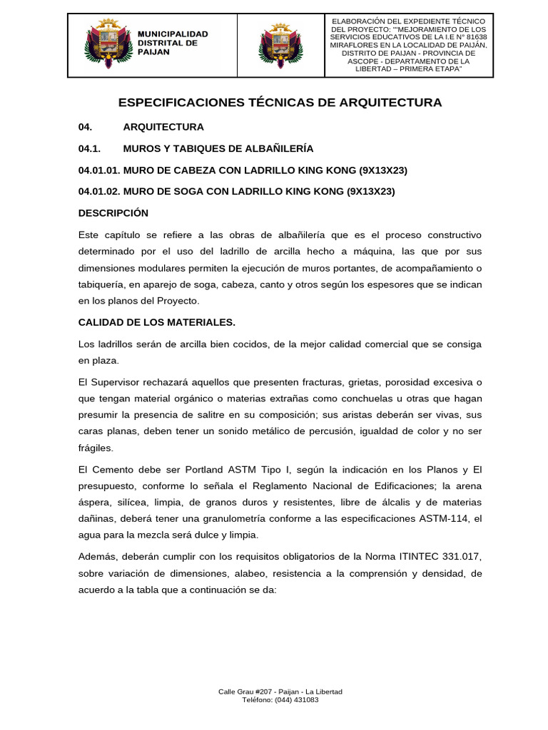 11 - 01 Especificaciones Tecnicas Arquitectura | PDF | Hormigón | Ladrillo
