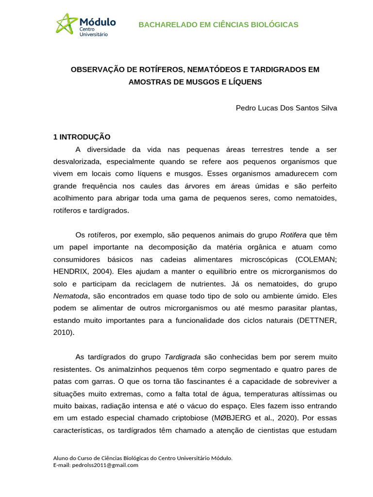 Relatorio Bio Rotiferos, Nematodeos e Tardigrados | PDF | Nematoda ...