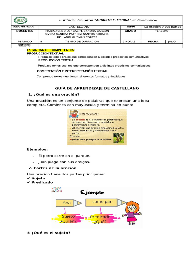 Guía de Aprendizaje de La Oracion, Sus Partes El Nucleo Del Sujeto y El ...