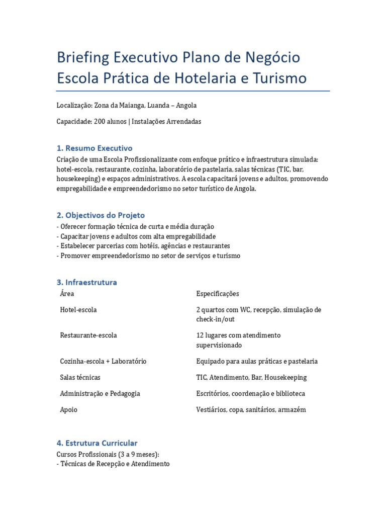 Briefing Executivo Plano - Escola - Hotelaria - Maianga - 200 - Alunos ...