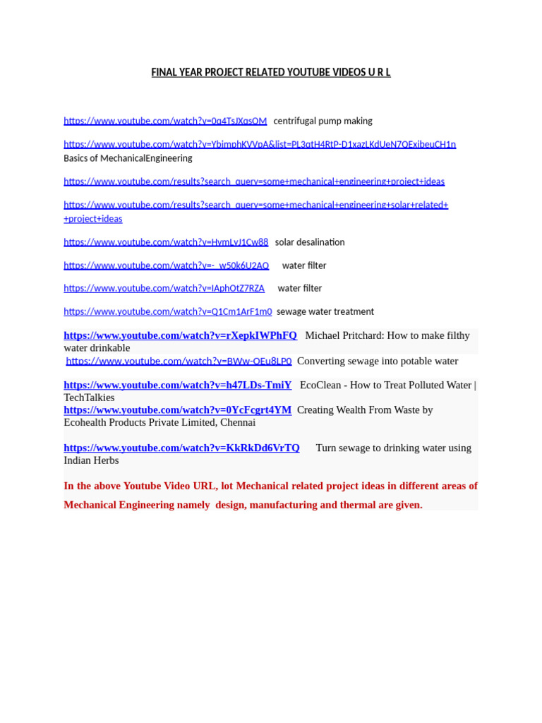 Final Yr Project Work Related Video URL | PDF