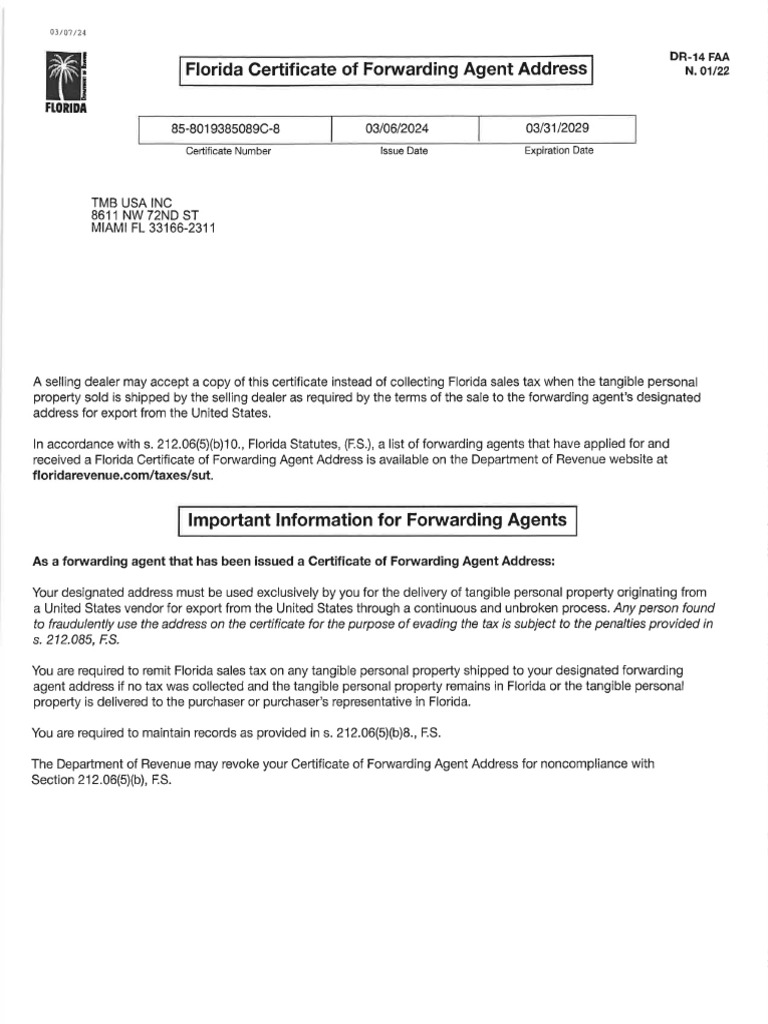 Tax Free - TMB Forwarding Agent Certificate | PDF