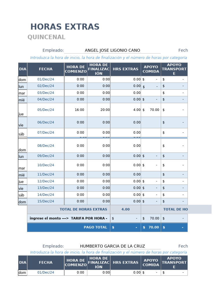 Registro de Horas Extras Quincenal | PDF
