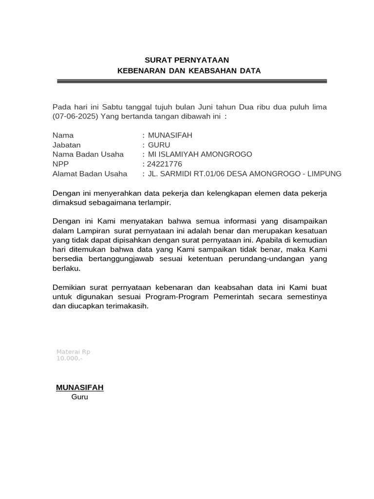 Surat Keabsahan Data | PDF