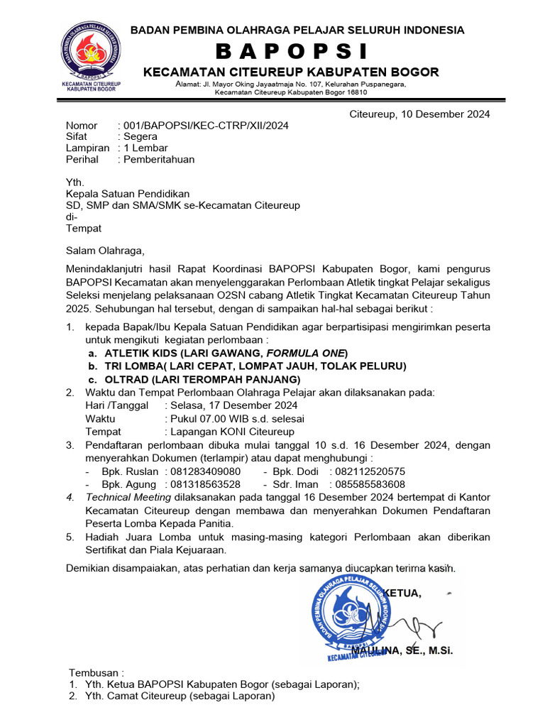 003 - Surat Pemberitahuan Kegiatan Lomba BAPOPSI | PDF