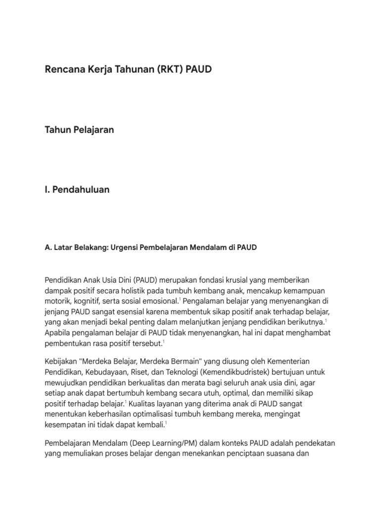 Rencana Kerja Tahunan PAUD - Implementasi Pembelajaran Mendalam | PDF