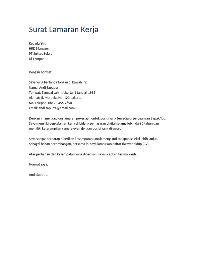 Surat Lamaran Kerja Andi Saputra | PDF
