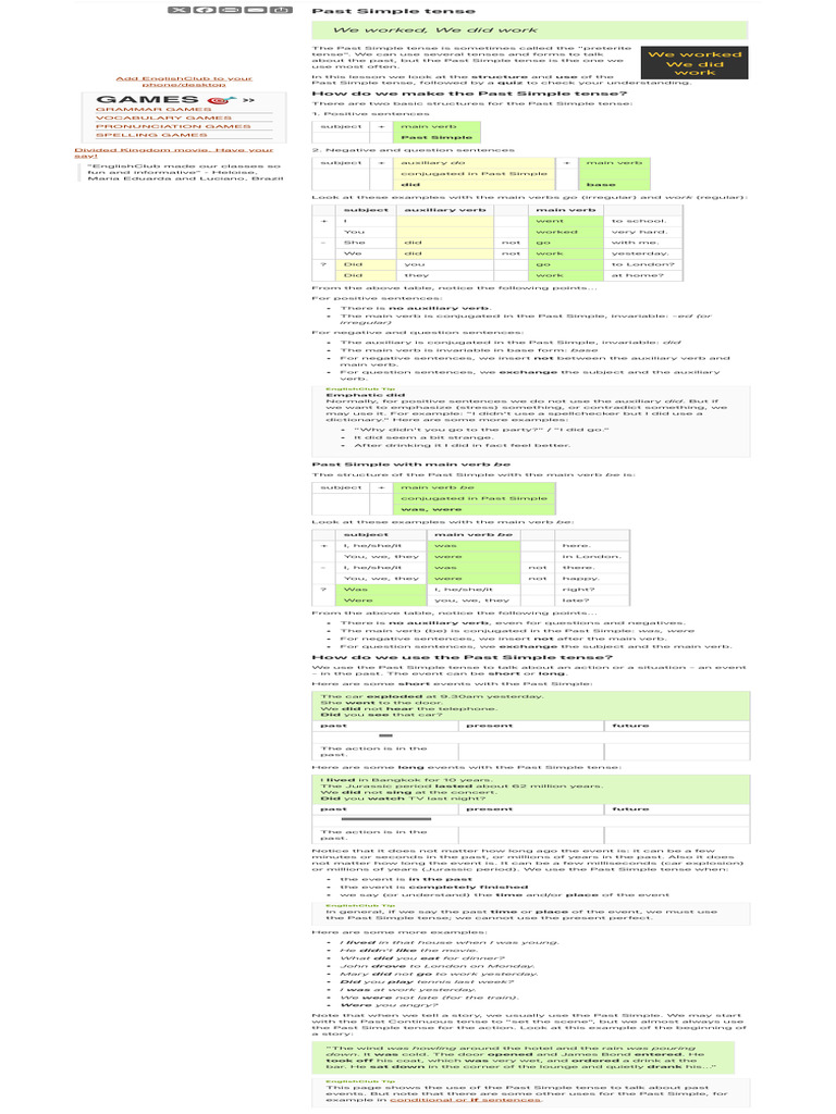 Past Simple Tense (With Example Sentences) Learn English | PDF ...