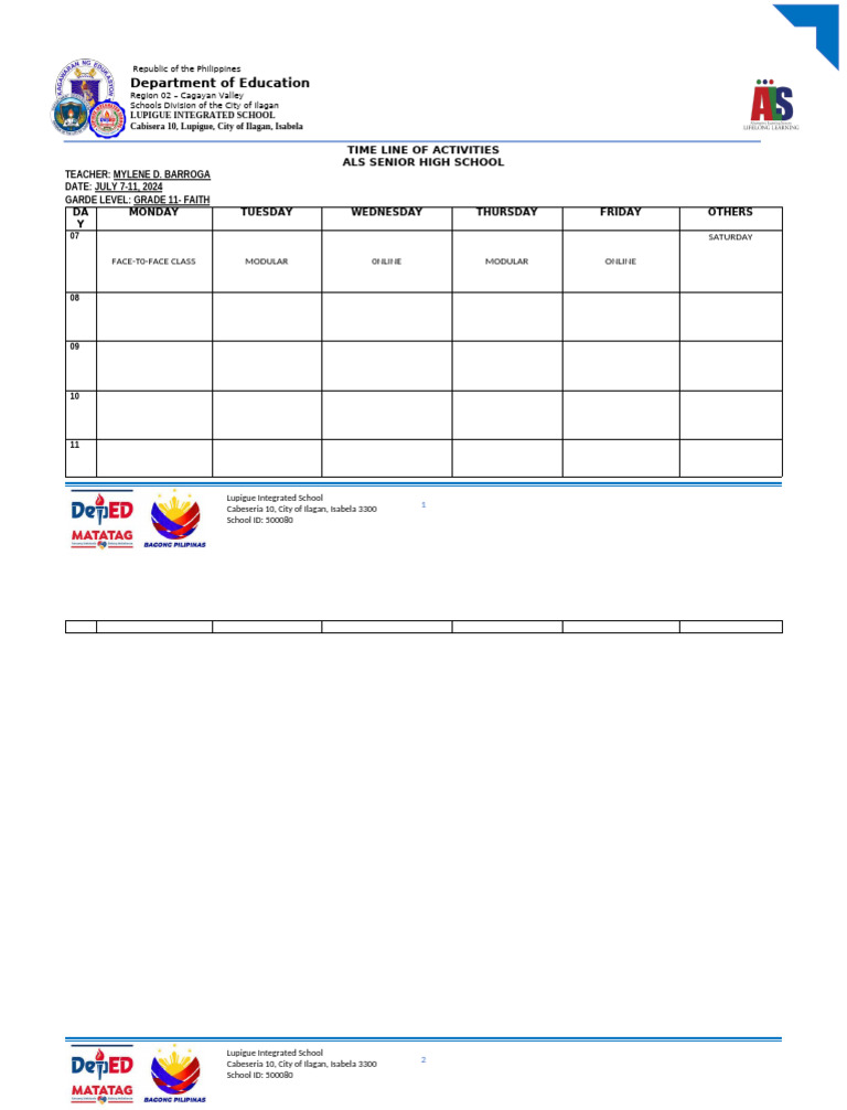 Als-Shs Time Line of Activities | PDF
