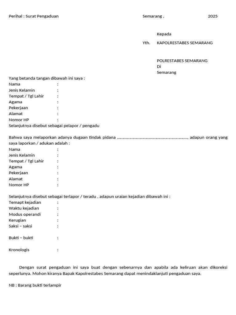 Contoh Surat Pengaduan ke Polres | PDF