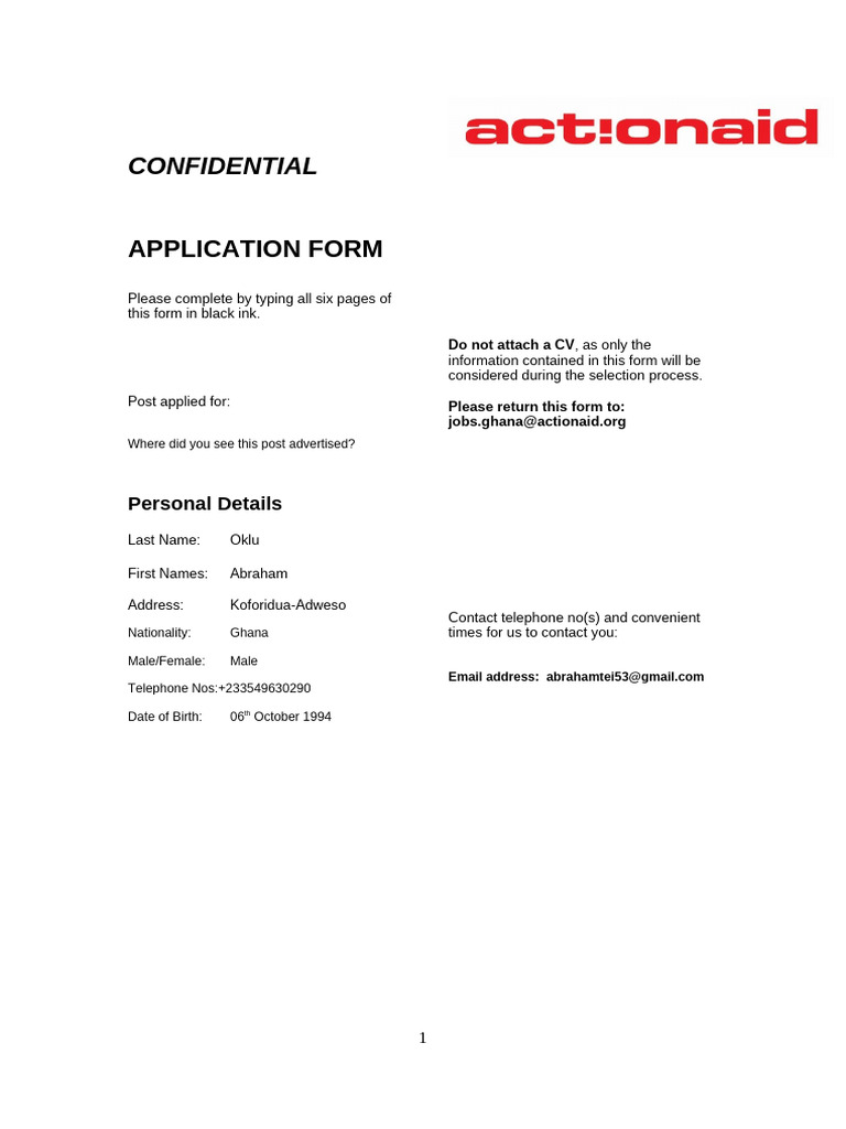 ActionAid Project Officer Application Form | PDF
