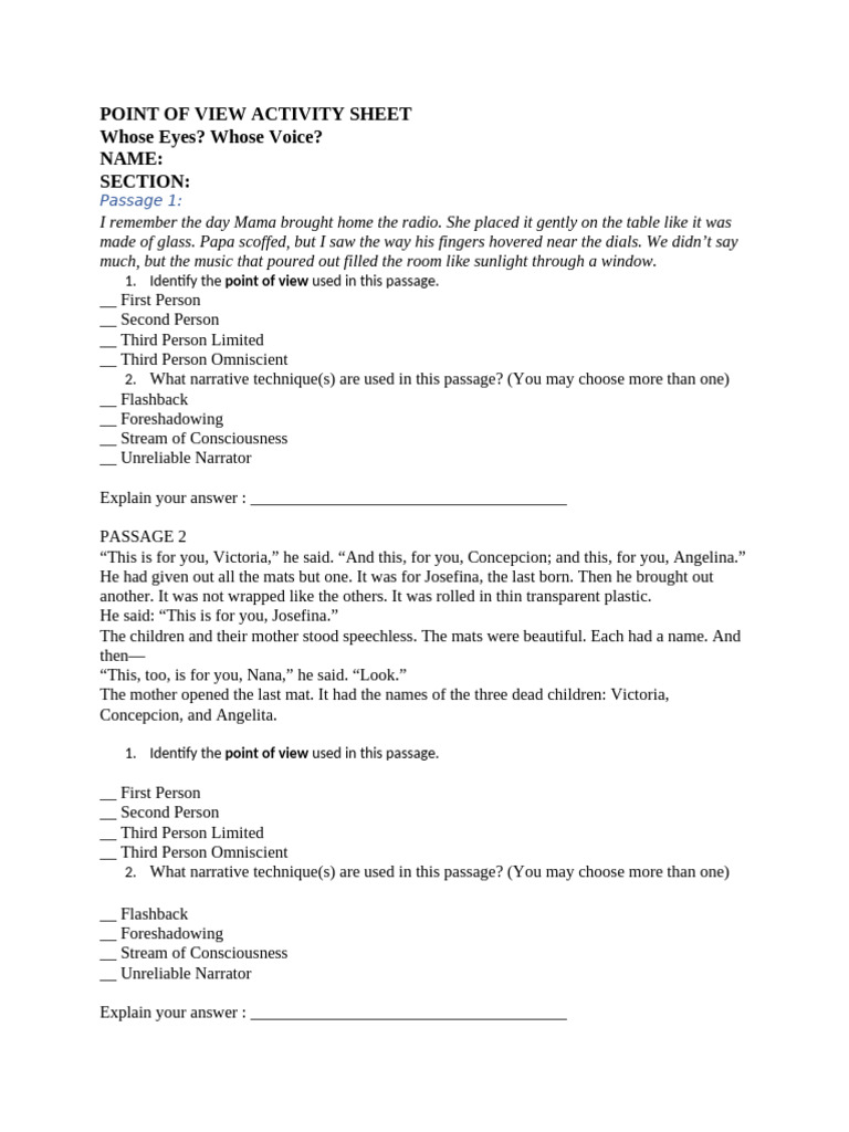 Point of View Activity Sheet | PDF | Narration