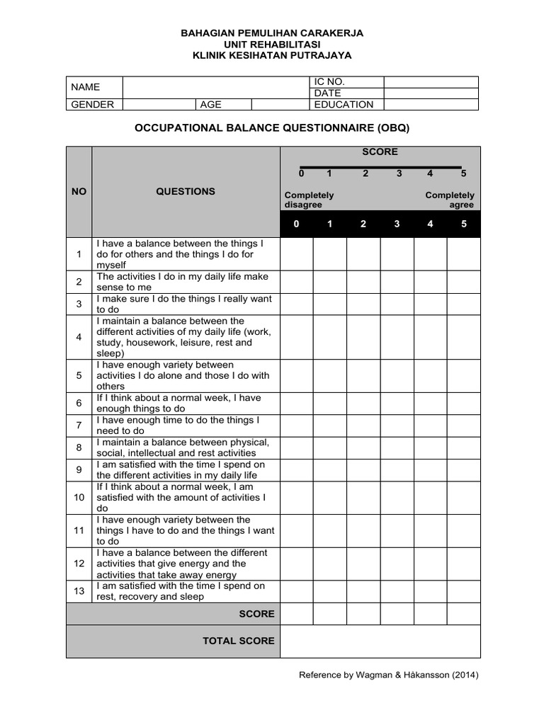 Copy Real Occupational Balance Questionnaires Ot Kkpj | PDF