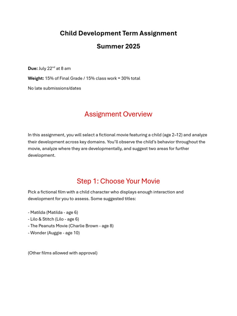 Child Development Term Assignment Summer 2025 | PDF | Child Development | Behavioural Sciences