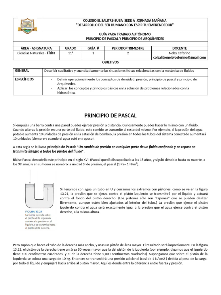 Guia Principio de Pascal y Arquimedes 2023 F11 | PDF | Densidad | Presión
