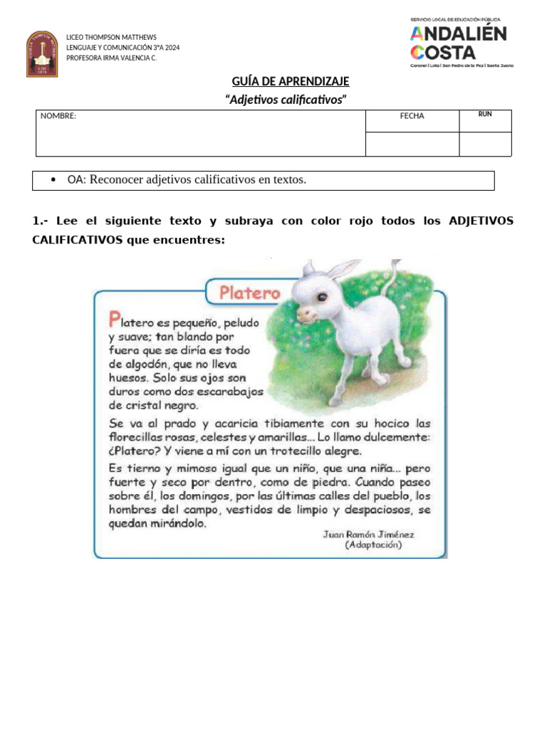 Guía de Adjetivos Calificativos 3°A | PDF