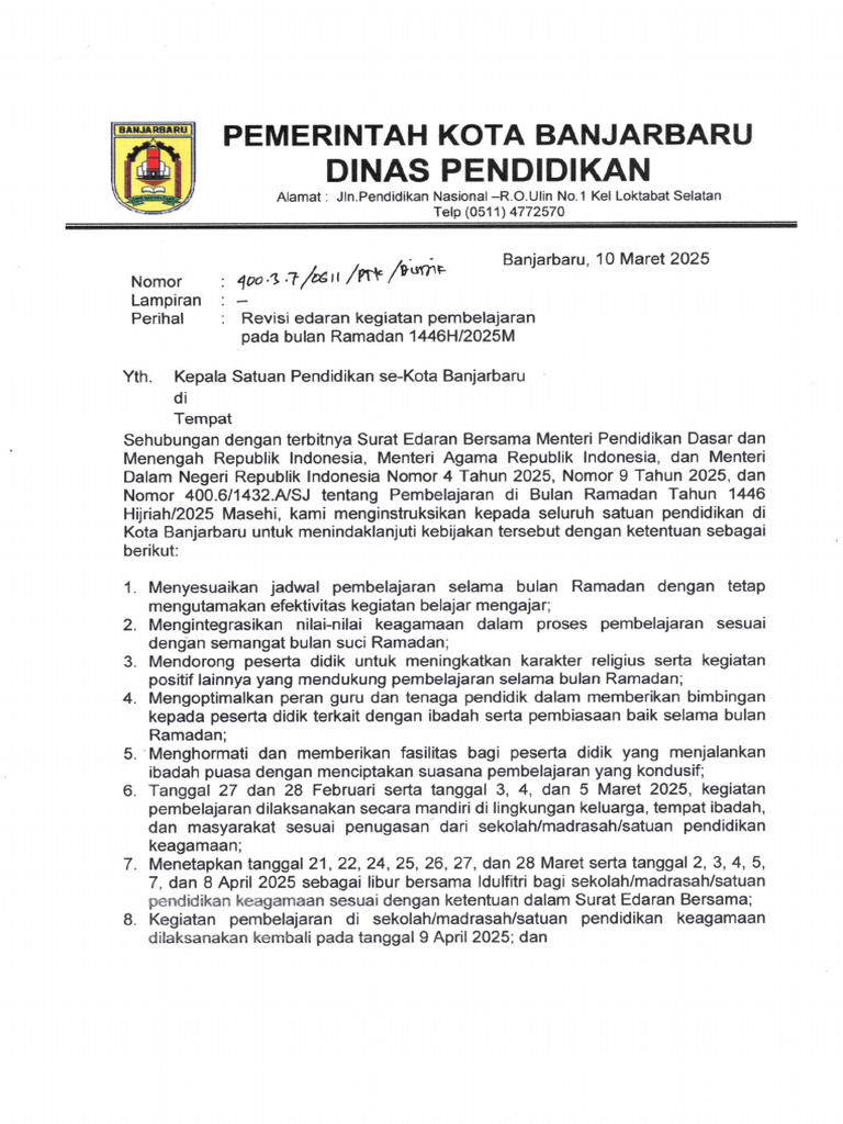 Revisi Edaran Pembelajaran Pada Ramadhan 2025 | PDF