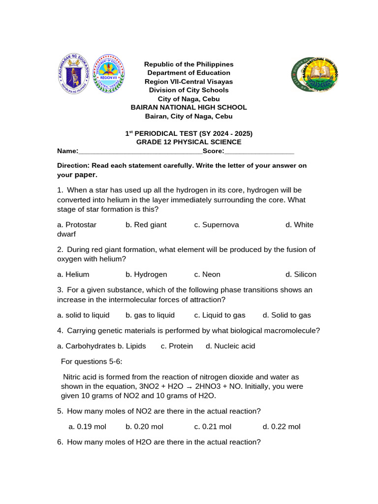Grade 12 Physical Science Test Guide | PDF