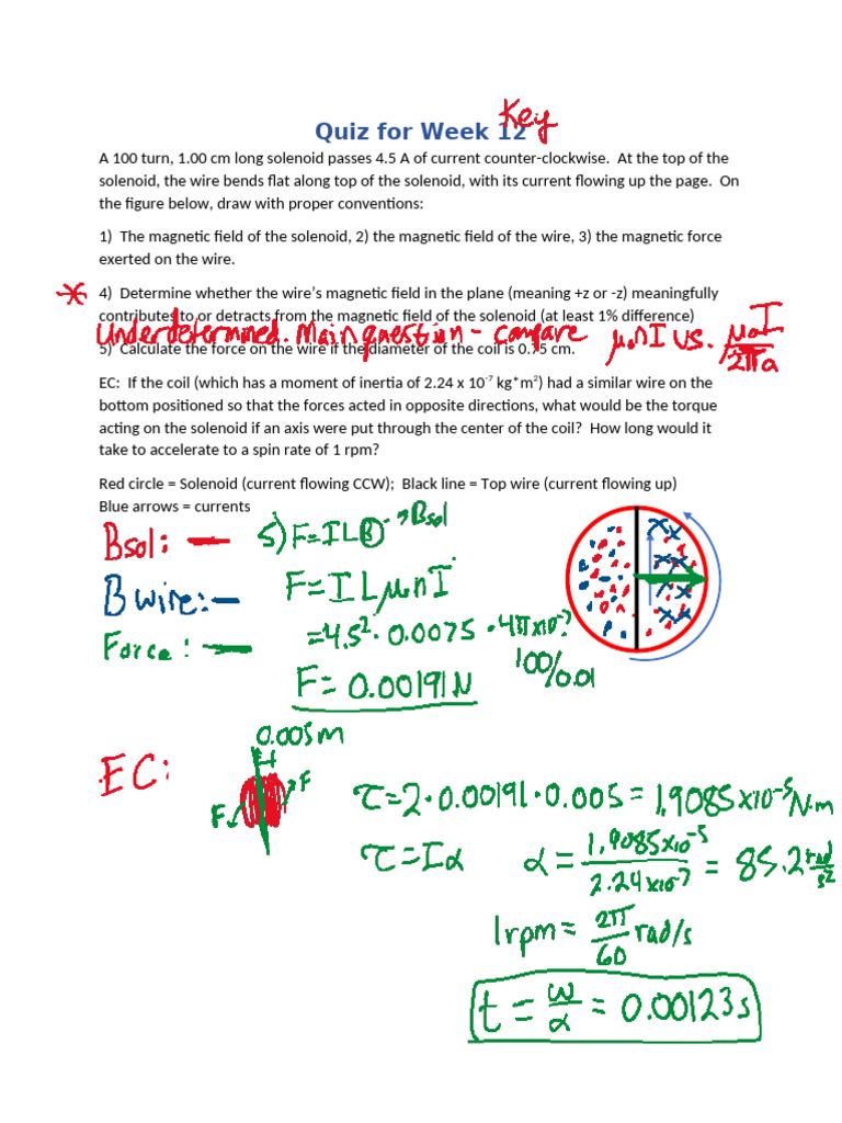 Solenoid Magnetic Field and Force Quiz | PDF