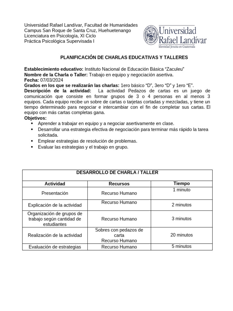 Formato para Charlas y Talleres | PDF | Aprendizaje