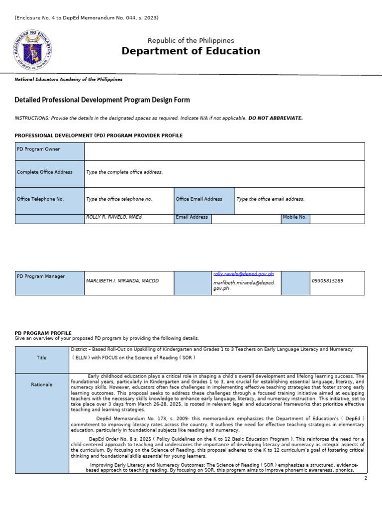 Enclosure No. 4 Detailed PD Program Design and M - E Plan Form | PDF | Differentiated ...
