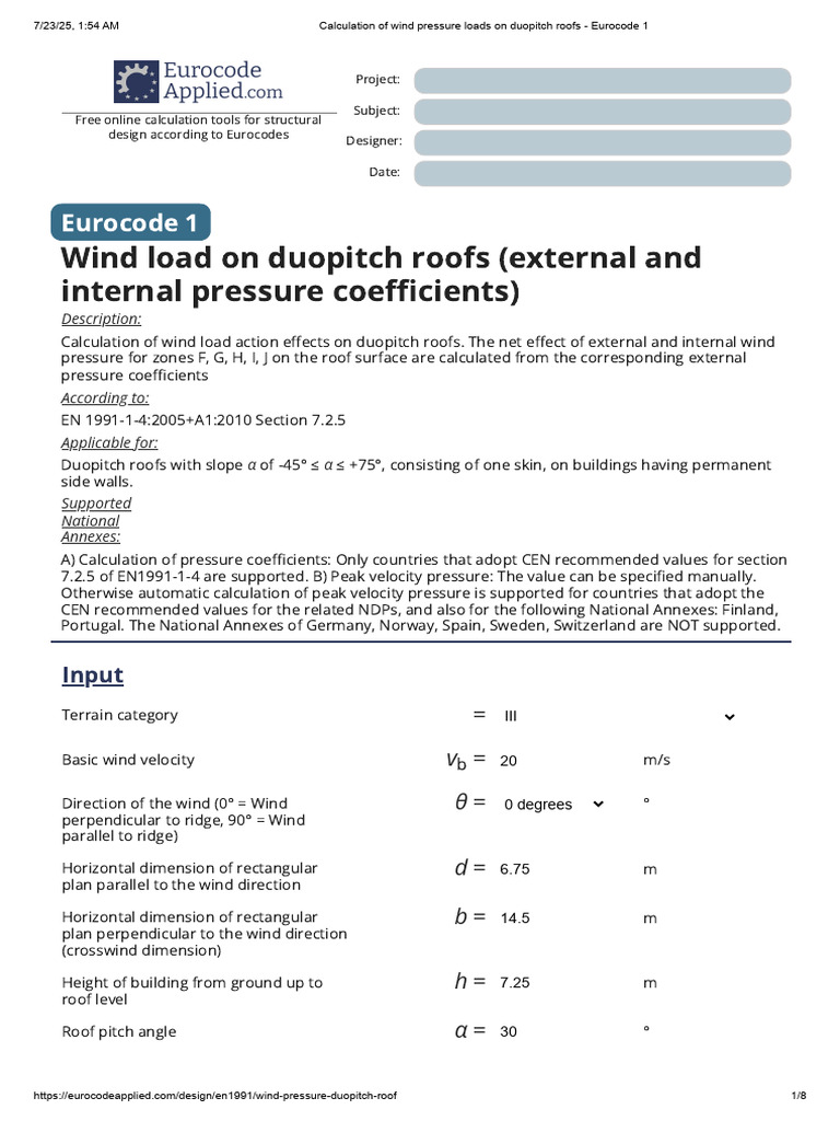 Wind Load Calculation for Duopitch Roofs | PDF | Pressure | Wound