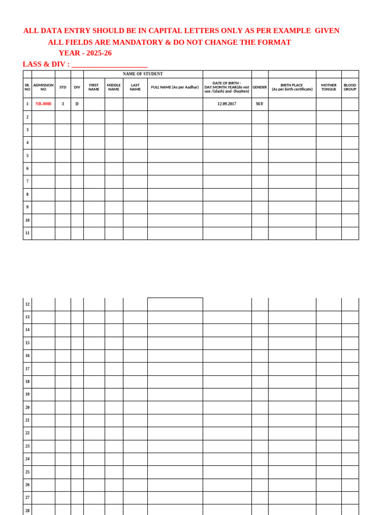 Student Data Blank Format-2025-26 | PDF