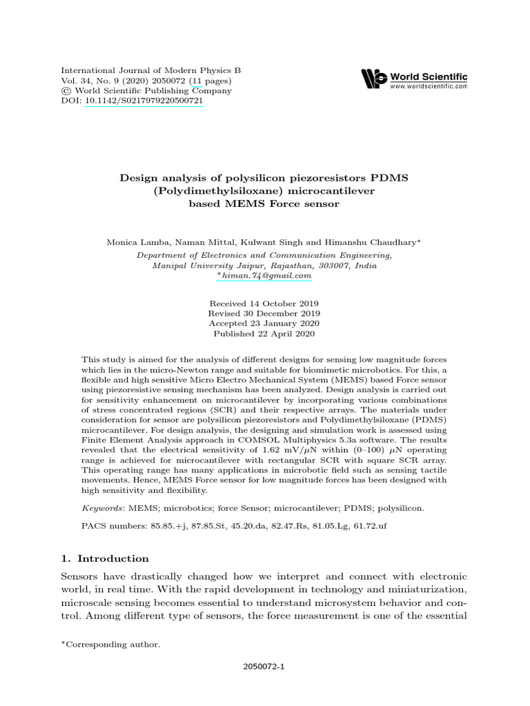 Lamba Et Al 2020 Design Analysis of Polysilicon Piezoresistors Pdms (Polydimethylsiloxane ...
