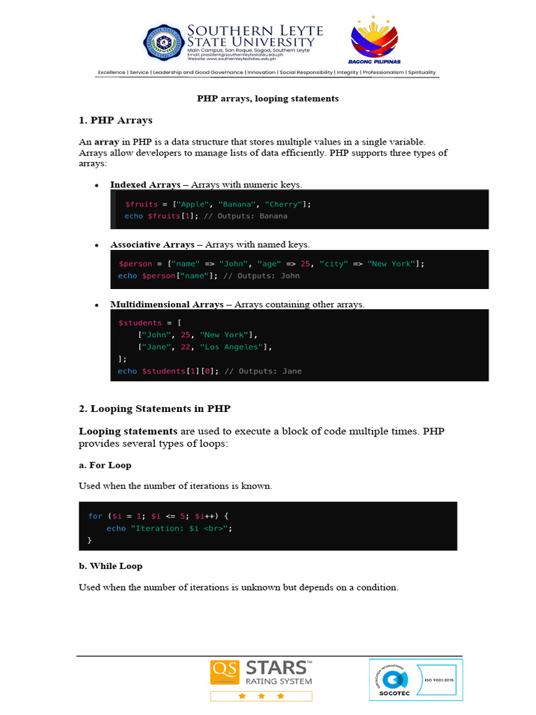 PHP Arrays, Looping Statements | PDF