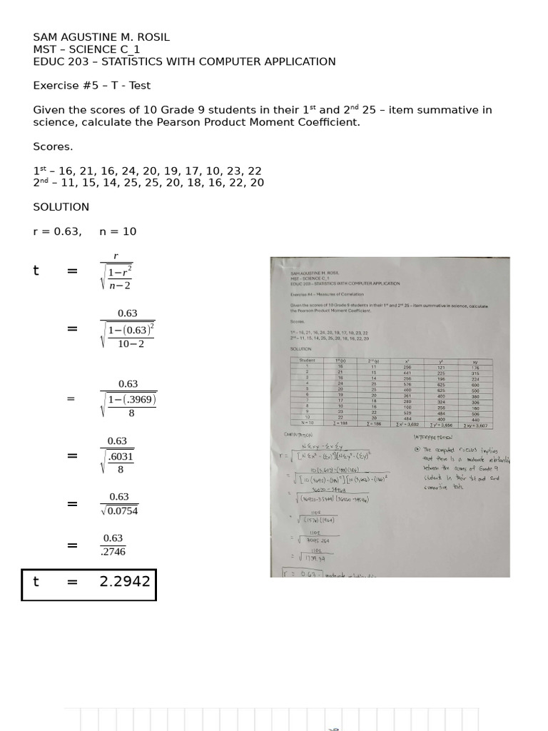 T-Test Calculation for Student Scores | PDF