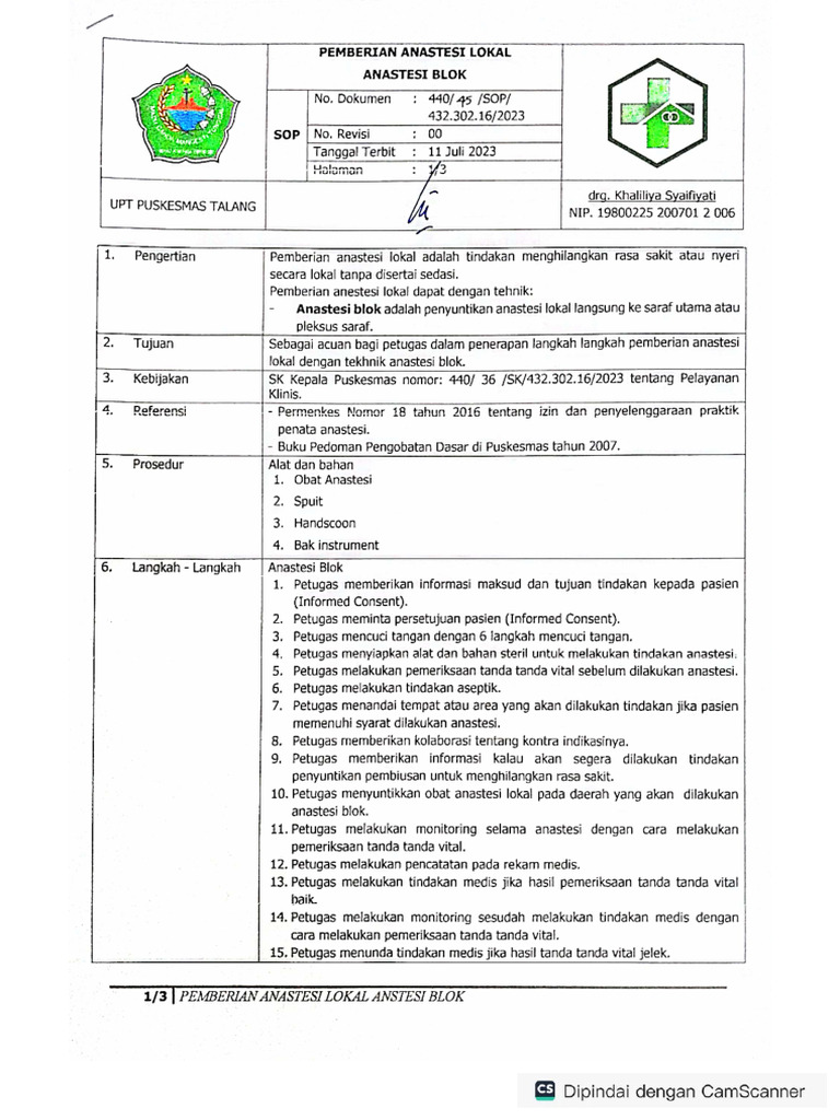 3.3 SOP Pemberian Anastesi Lokal Anastesi Blok | PDF