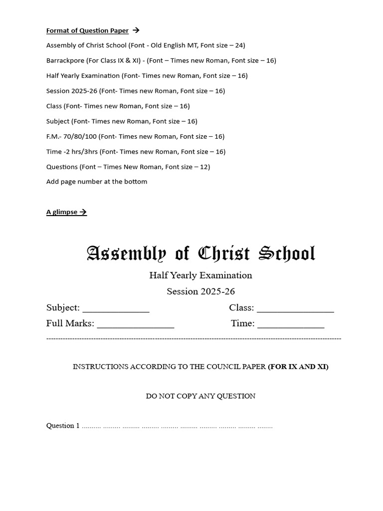 Format of Question Paper Half Yearly Examination | PDF