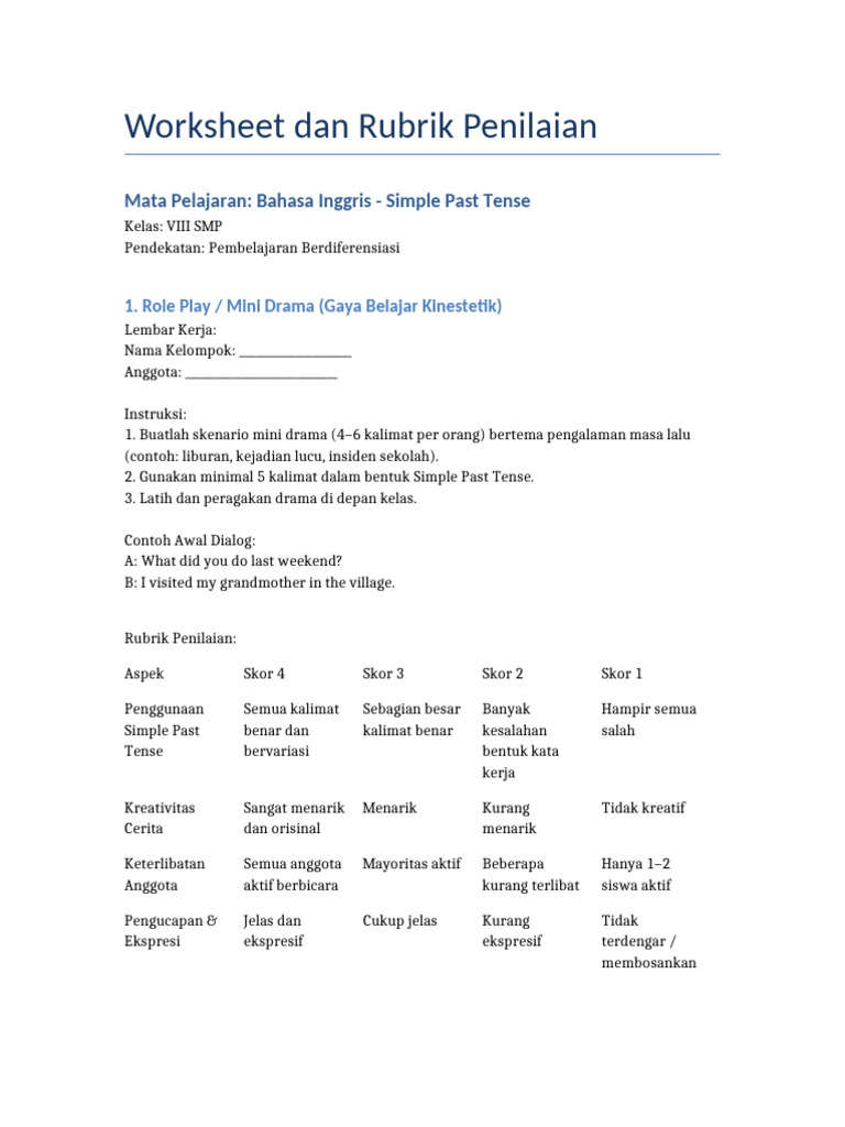 Worksheet Rubrik Simple Past Tense Diferensiasi | PDF