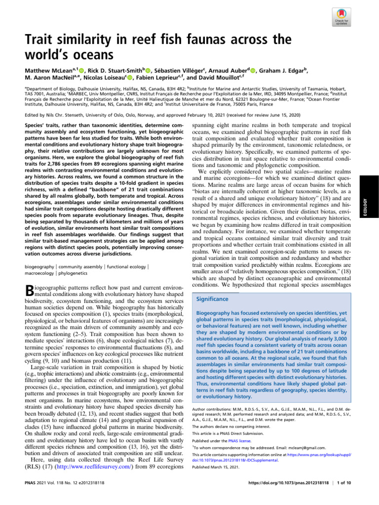 Mclean Et Al Trait Similarity in Reef Fish Faunas Across The World S ...