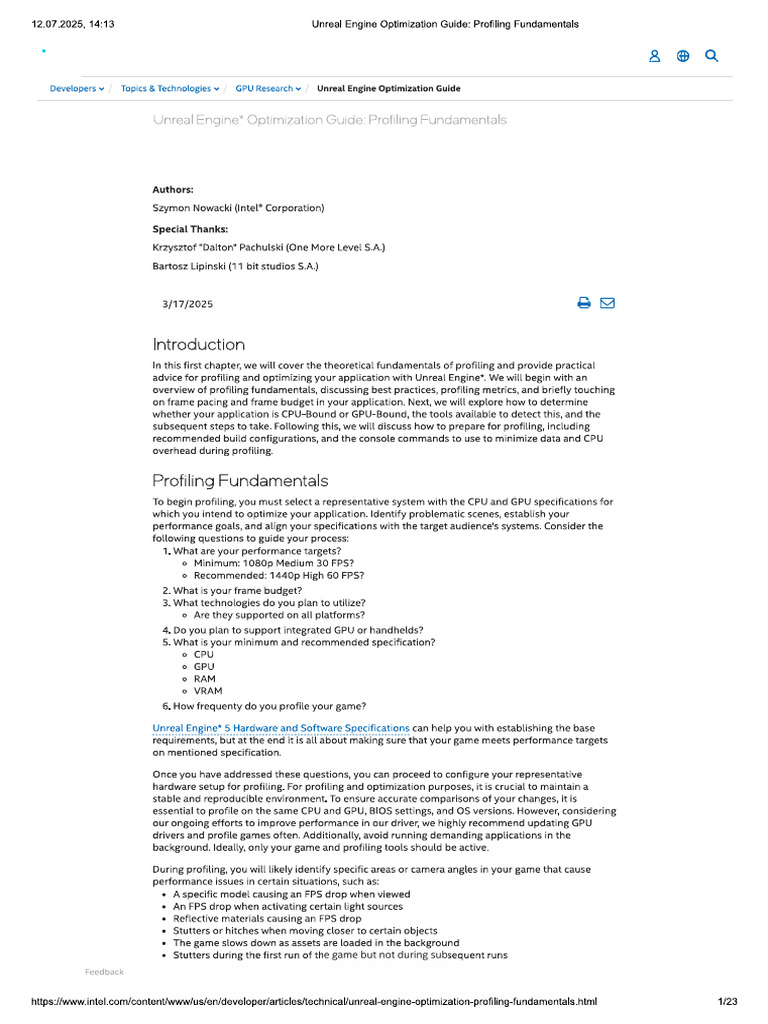 Unreal Engine - Optimization Guide - Profiling Fundamentals | PDF