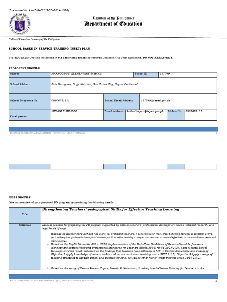 INSET Plan for Teacher Development | PDF | Teachers | Curriculum