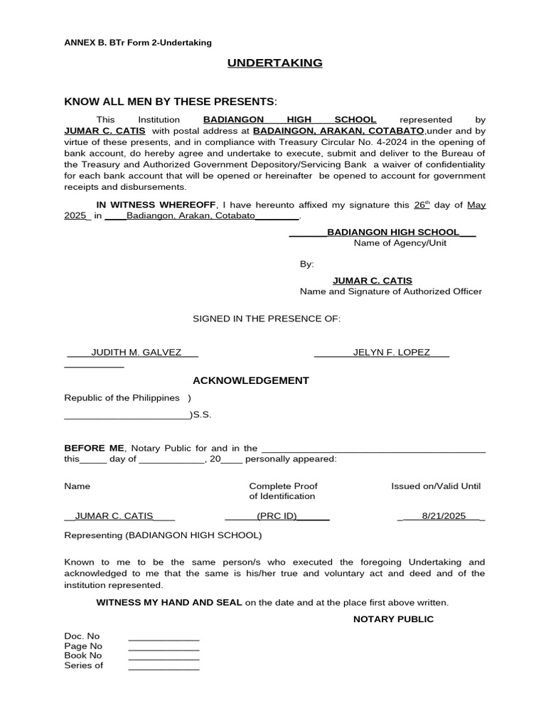 BTR Form 2 - Undertaking | PDF