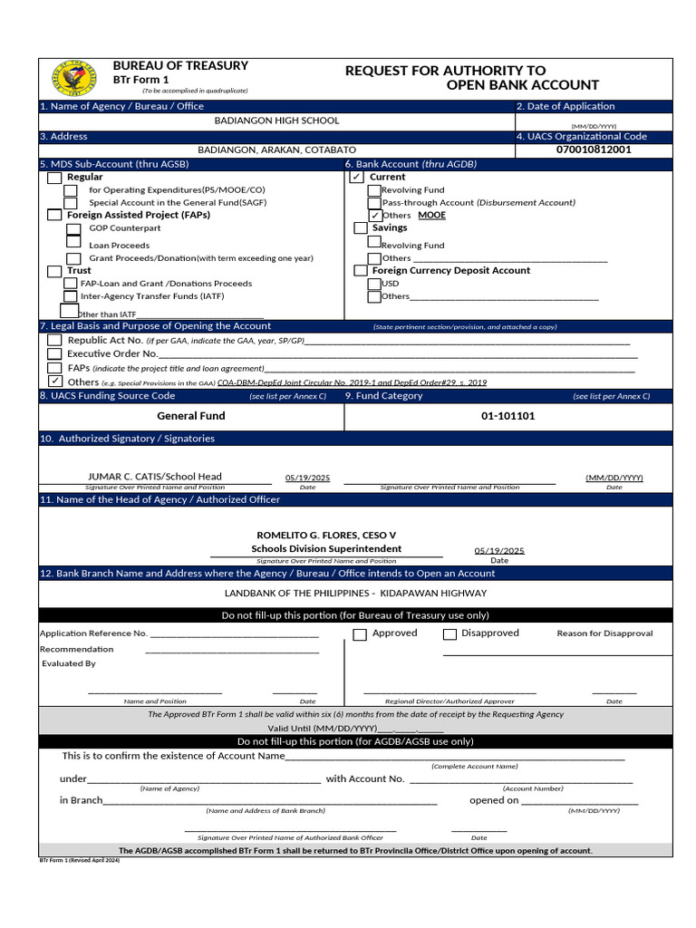 BTR Form 1 - Request For Opening of Bank Account New Form | PDF