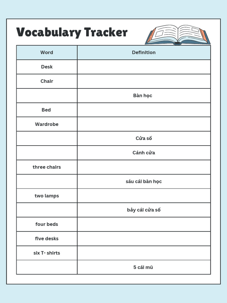 Vocabulary Tracker Worksheet in Blue and White Simple Style | PDF