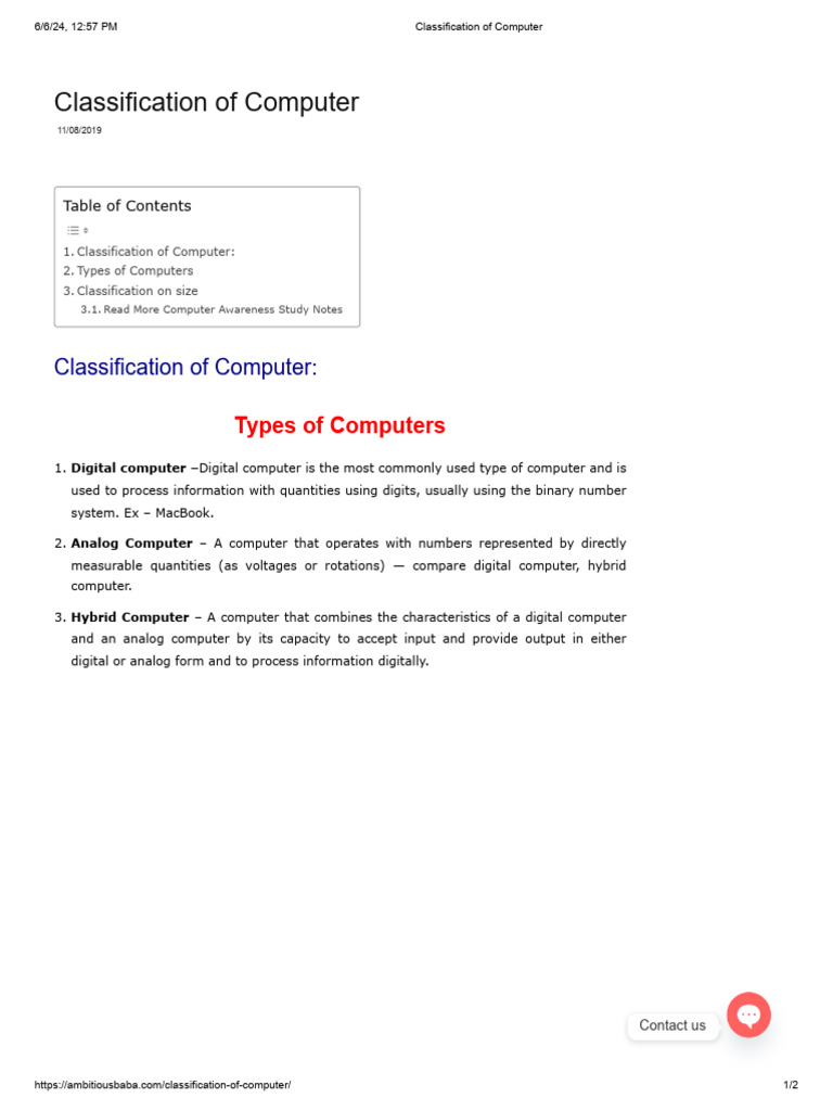 Classification of Computer | PDF | Microcomputers | Personal Computers