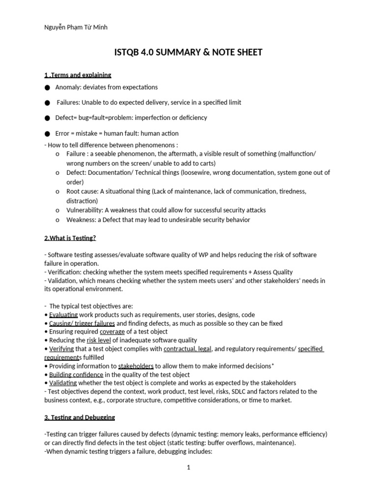 ISTQB 4.0 Testing Concepts Summary | PDF | Software Testing | Software ...