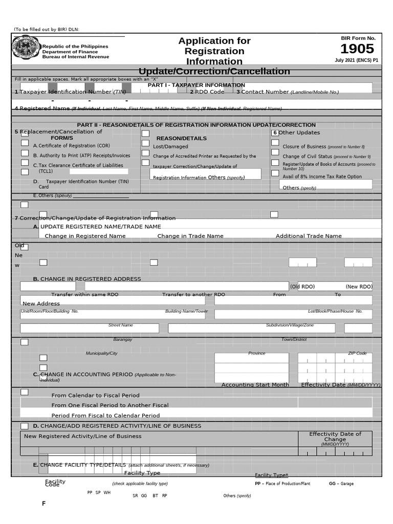 BIR Form 1905: Registration Update Application | PDF | Receipt | Invoice