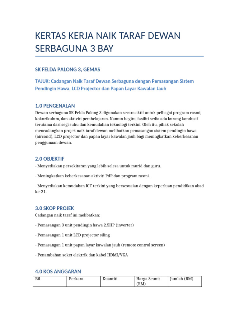Kertas Kerja Naik Taraf Dewan SK Felda Palong 3 DGN Lampiran | PDF