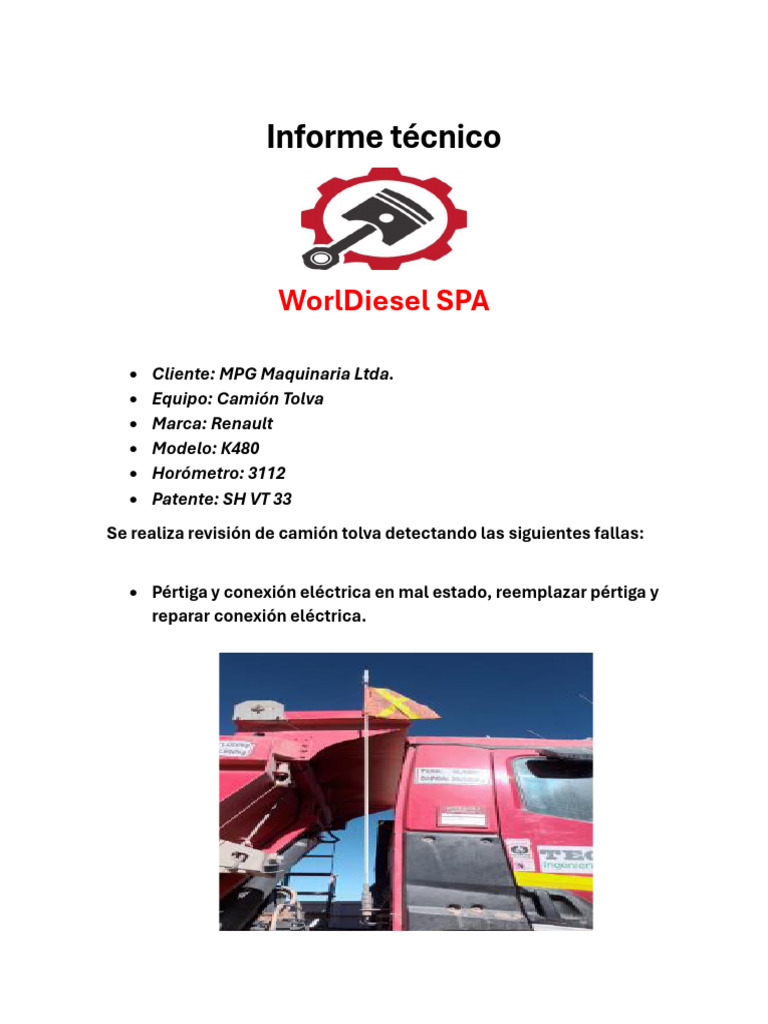 Informe Tecnico Camion Tolva Renault Patente SH VT 33 Cliente MPG | PDF