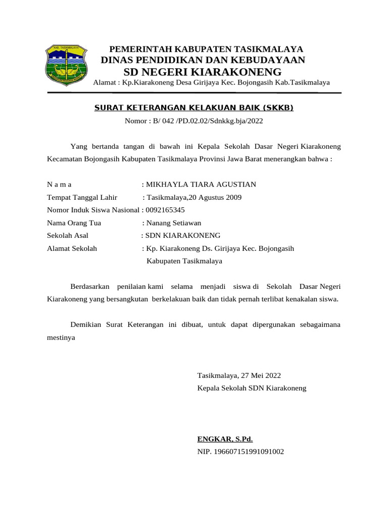 Surat Keterangan Kelakuan Baik Siswa | PDF