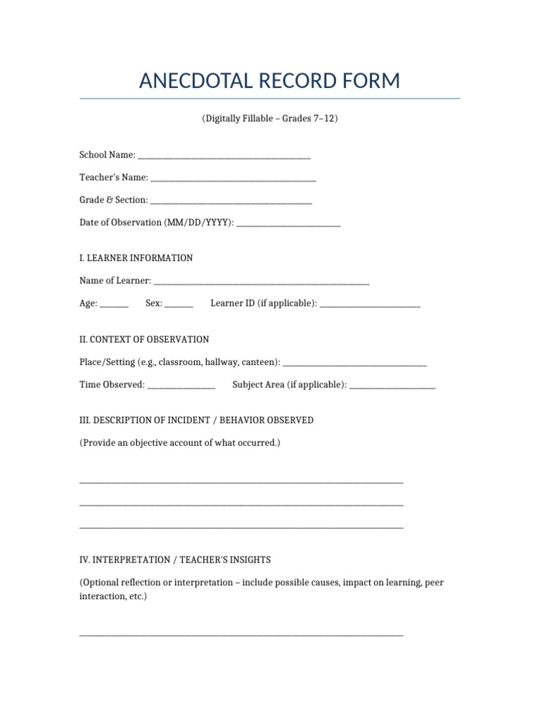 Anecdotal Record Template Grades7-12 | PDF