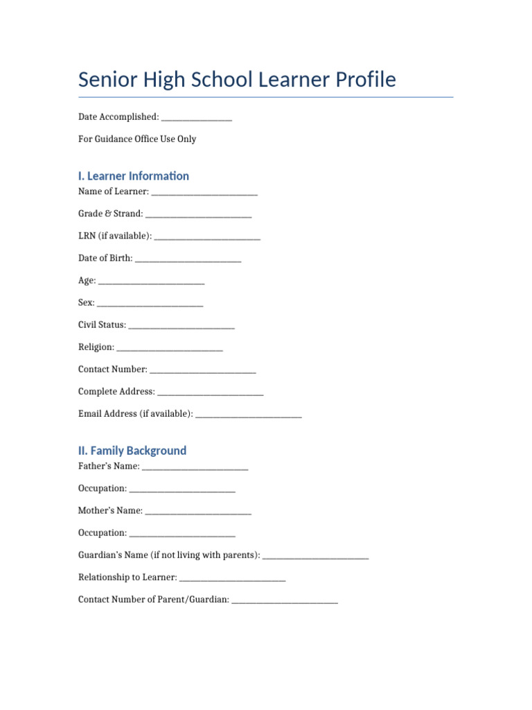 SHS Learner Profile Form | PDF
