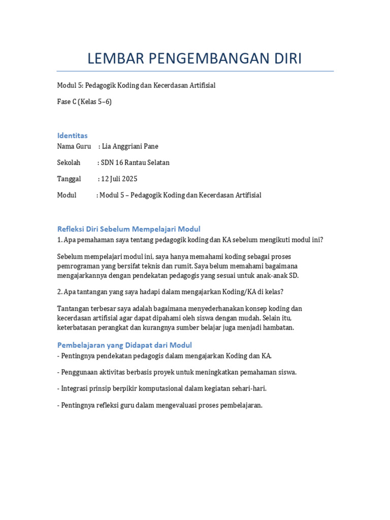 Lembar Pengembangan Diri Modul 5 KKA FaseC (1) Lia Angriani Pane | PDF